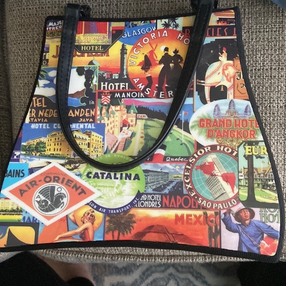 Bags | Cute Black Bag With Vintage Travel Decals | Poshmark